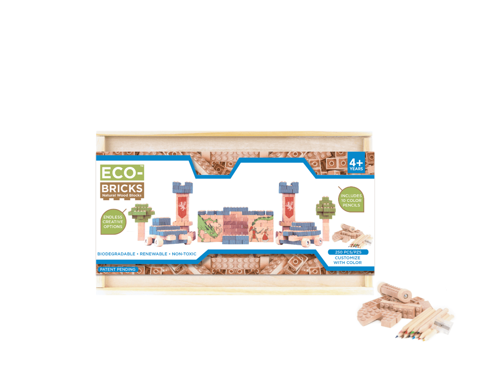 Once Kids Eco-bricks Wooden Bricks 250 Piece - Build and Color