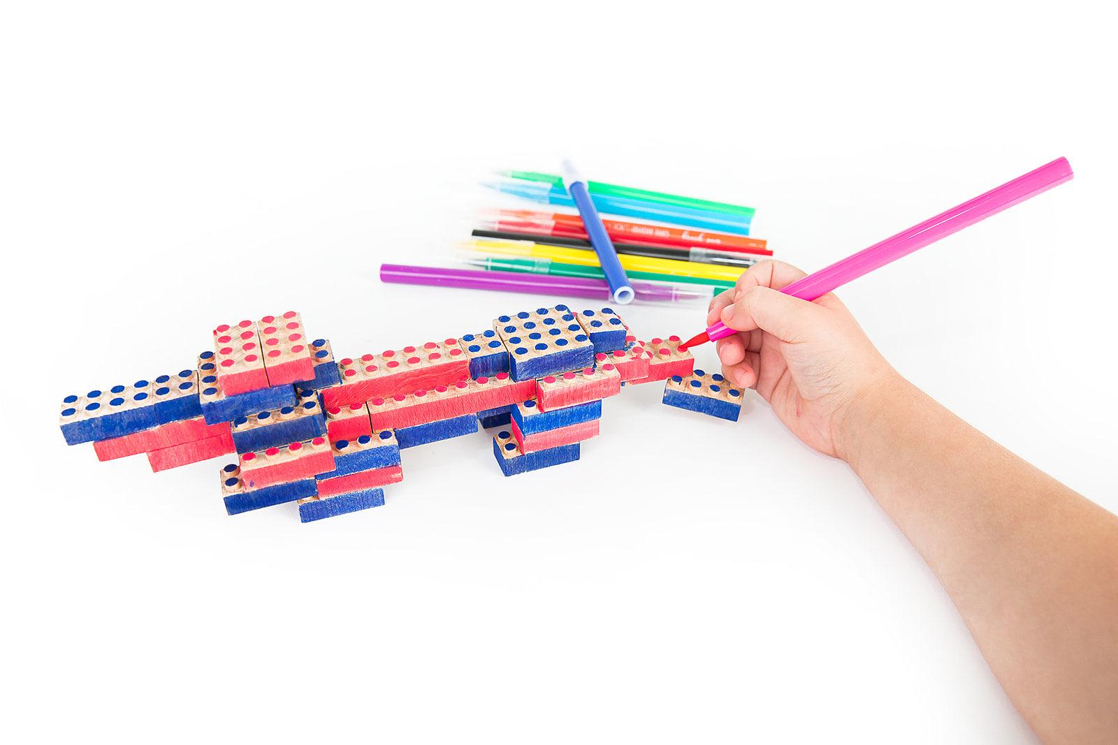 Once Kids Eco-bricks Wood Bricks 3 in 1 Build - Color Your Own Dogs